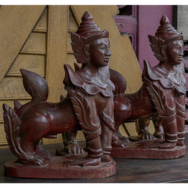 Rare Pair of Burmese Lacquered Teak Manussiha (Double-Bodied Sphinx)